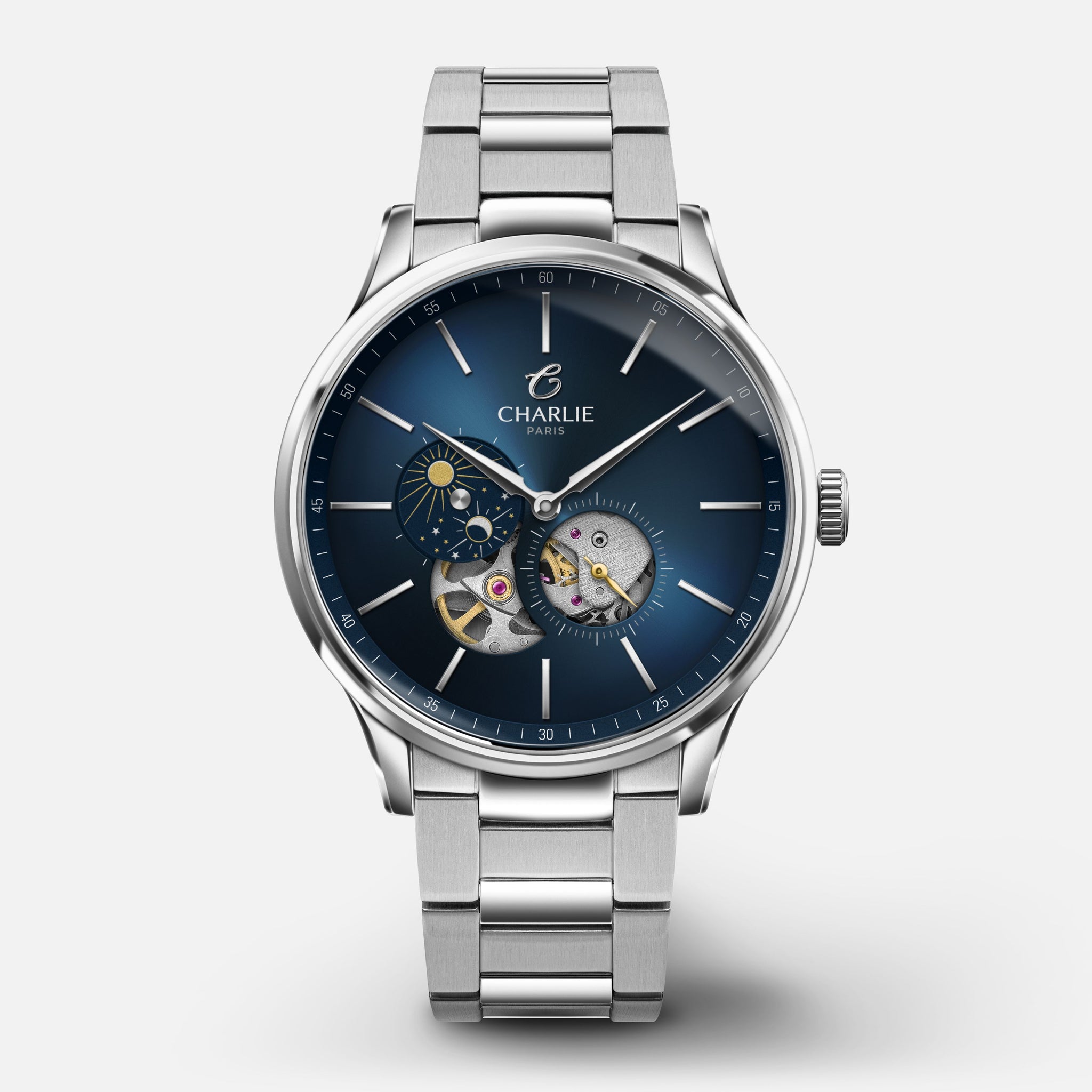 INITIAL - Men's automatic watch Open Heart blue - 40 mm steel - Day ...