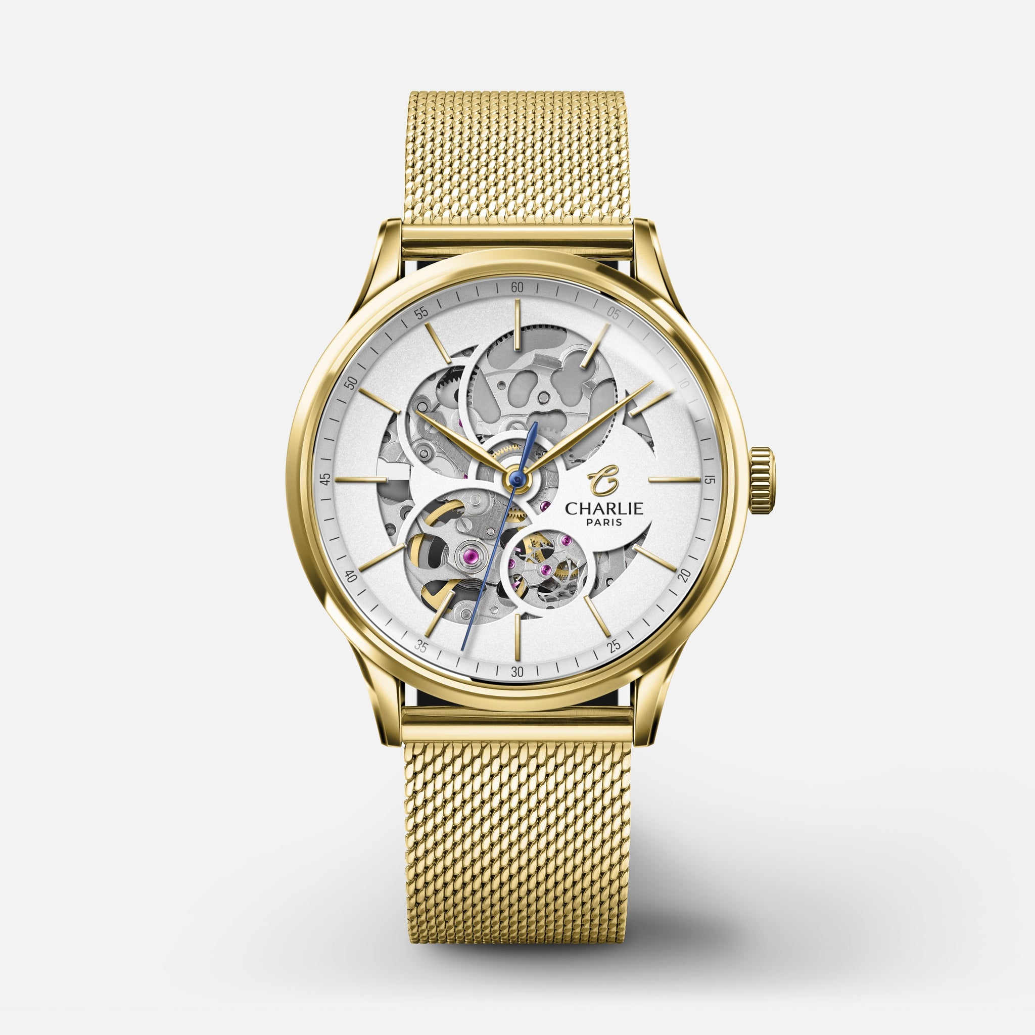 INITIAL - Automatic women's watch skeleton - White dial - Gold 36 mm ...